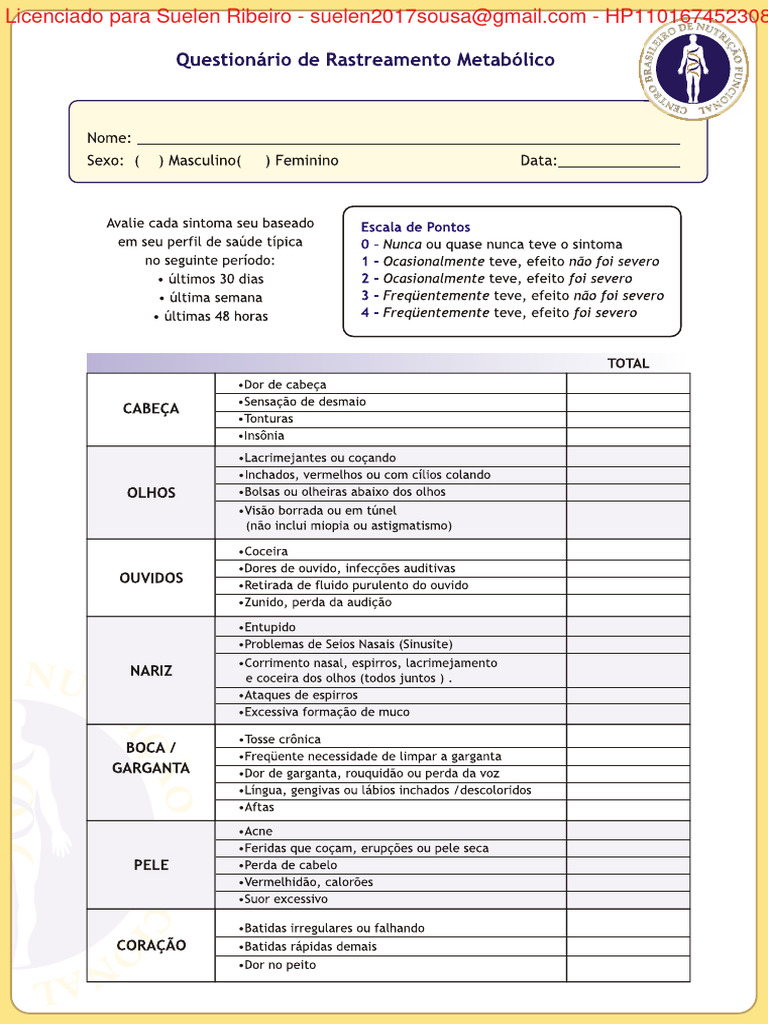 Questionário de Rastreamento Metabólico | PDF