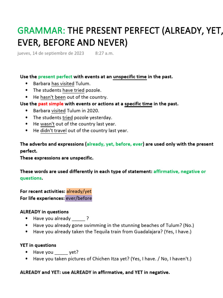 Grammar The Present Perfect (Already, Yet, Ever, Before and Never) | Download Free PDF ...