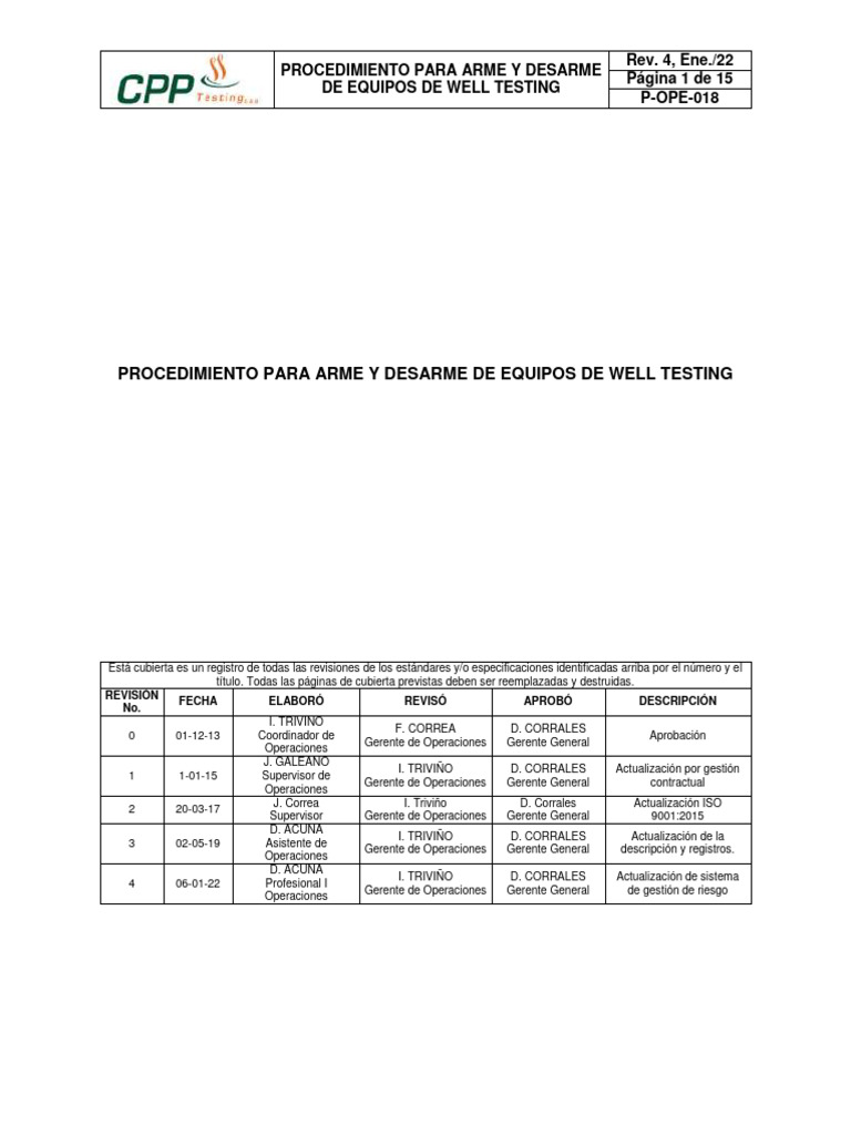P-Ope-018 Procedimiento Arme y Desarme de Equipos de Well Testing | PDF