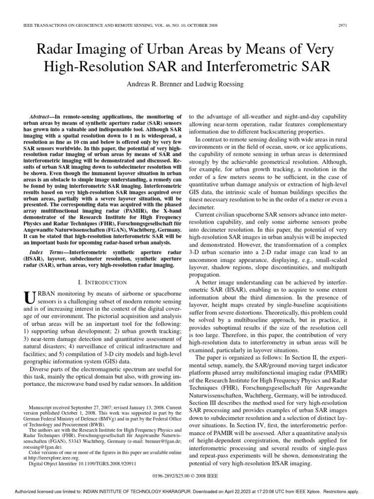 Radar Imaging of Urban Areas by Means of Very High-Resolution SAR and Interferometric SAR | PDF ...