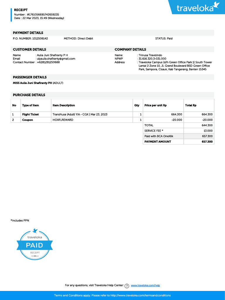 Traveloka Flight Ticket Receipt | PDF