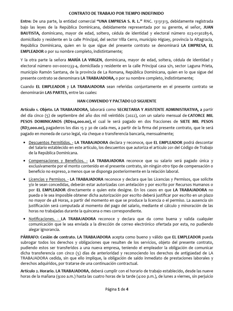 Modelo Contrato de Trabajo para LF RK | PDF | Salario | República Dominicana