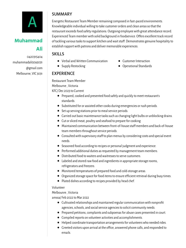 Muhammad Ali Resume | PDF | Waiting Staff | Restaurants