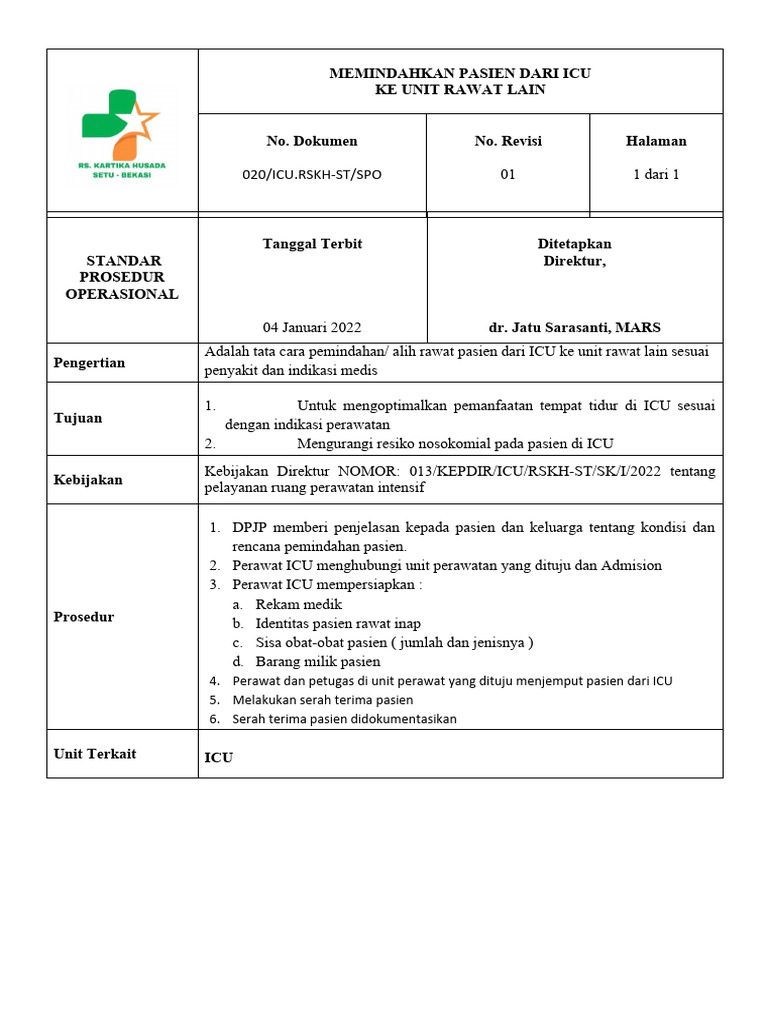 Spo 020 Memindahkan Pasien Dari Icu | PDF