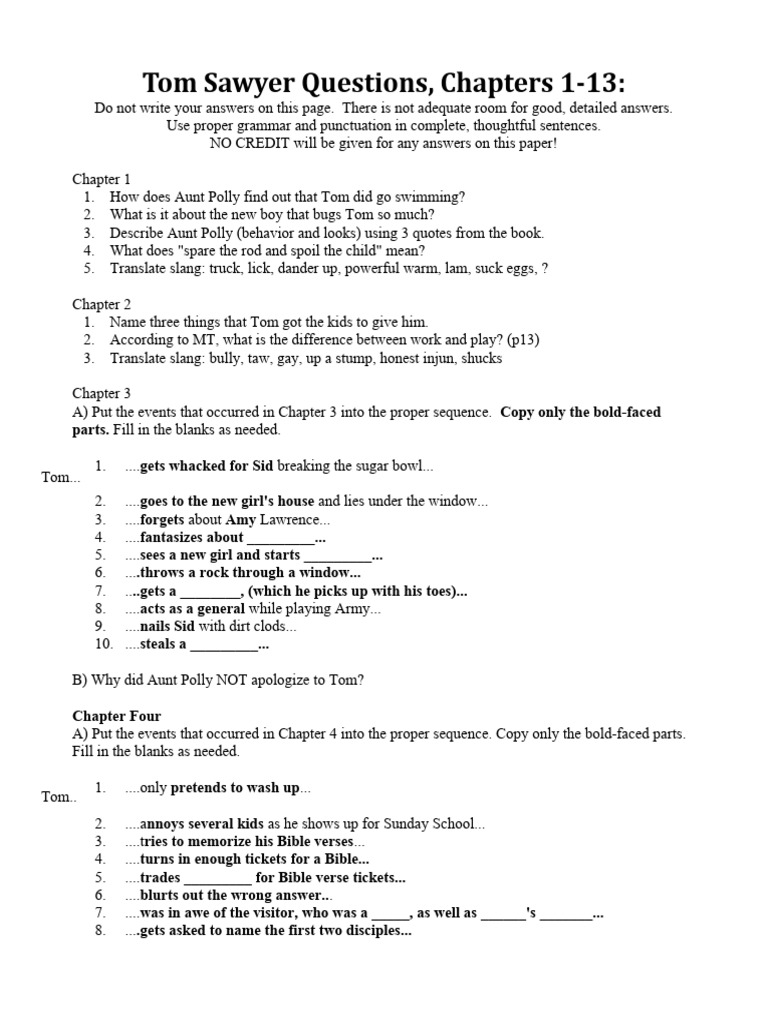 Tom Sawyer Chapter Questions 1-13 | PDF | General Fiction
