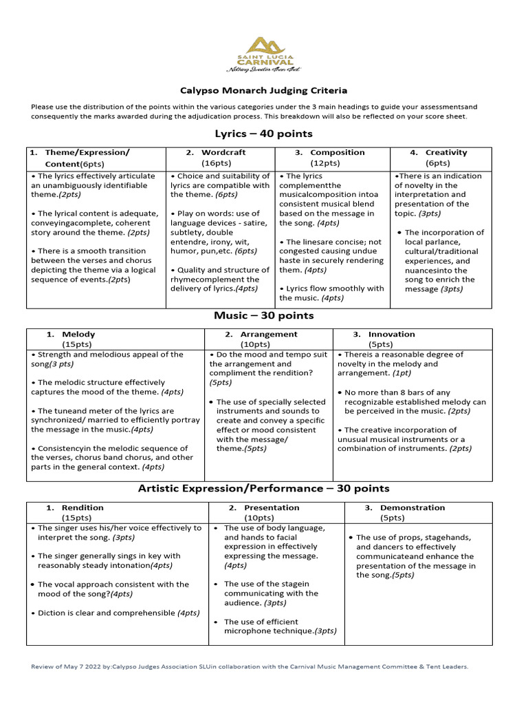 Calypso Monarch Competition Judging Criteria | Download Free PDF ...