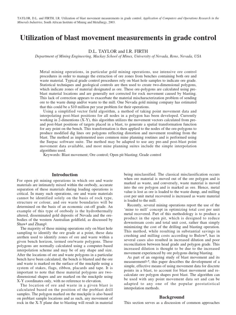 Utilization of Blast Movement Measurements in Grade Control | PDF ...