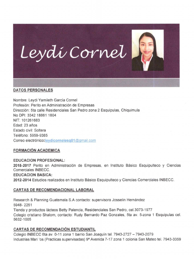 Curriculum Vitae Leydi Yamileth Garcia Cornel | PDF