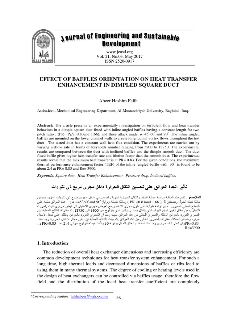 Effect of Baffles Orientation On Heat Transfer Enhancement in Dimpled ...