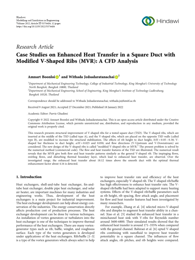 Case Studies On Enhanced Heat Transfer in A Square Duct With Modified V-Shaped Ribs (MVR) : A ...