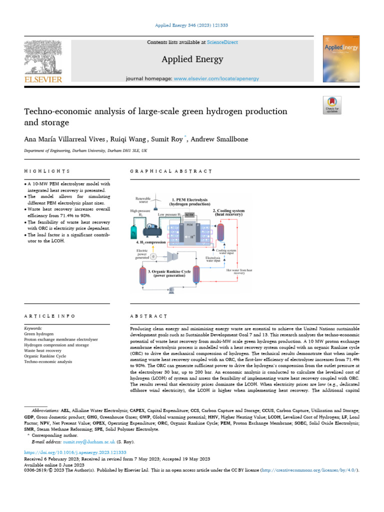 Techno-Economic Analysis of Large-Scale Green Hydrogen Production and Storage | Download Free ...