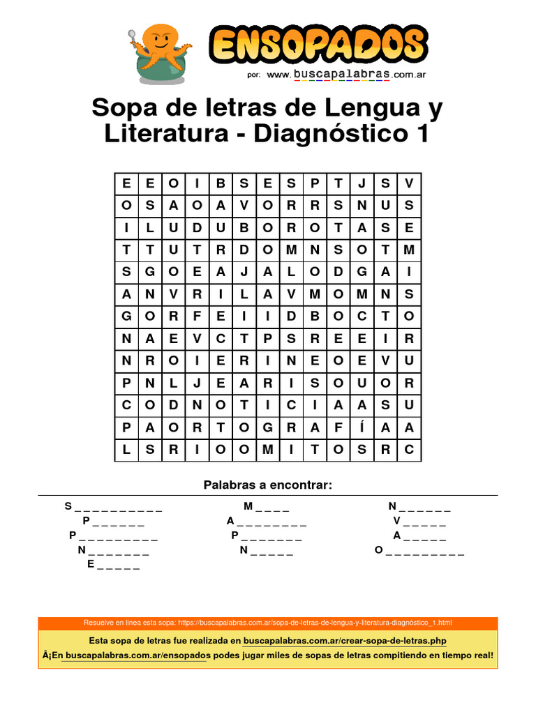 Sopa de Letras: Lengua y Literatura | PDF