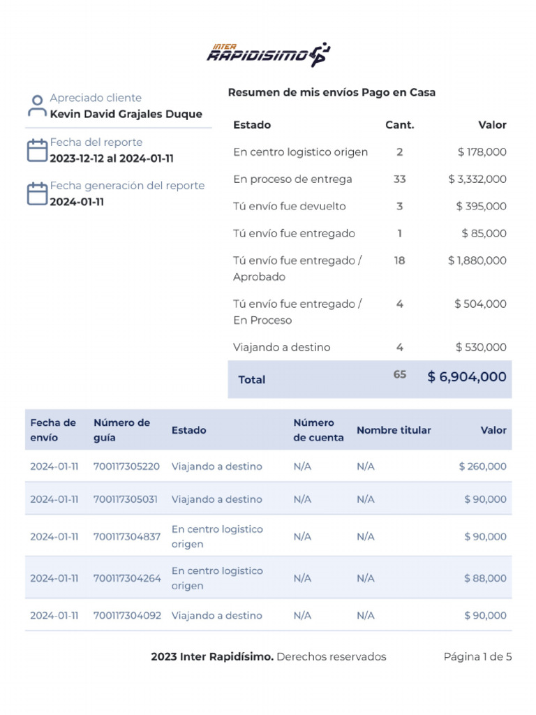 Reporte Mis Envios Pago en Casa 11012024 | PDF