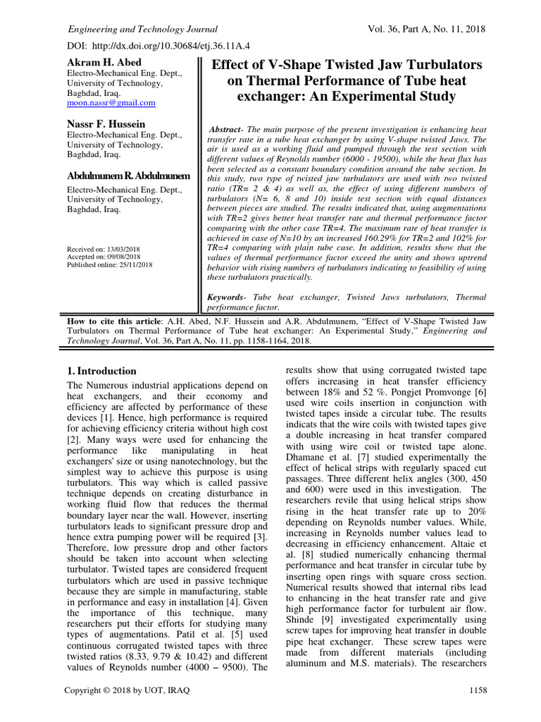 Effect of V-Shape Twisted Jaw Turbulators On Thermal Performance of ...