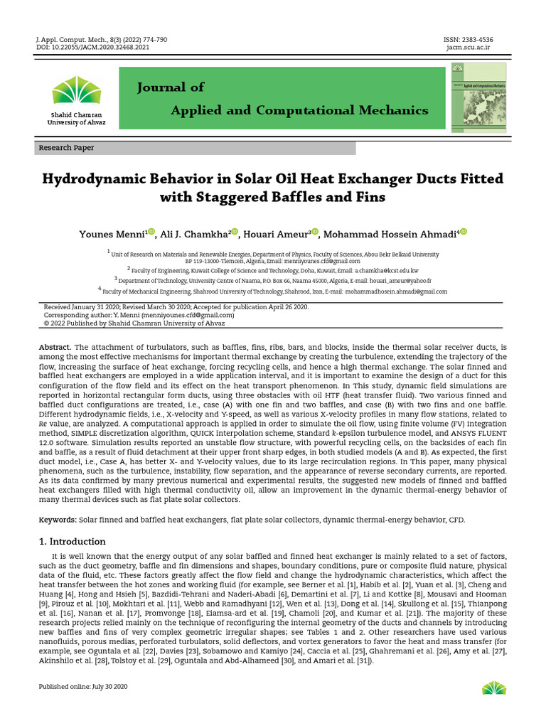 Hydrodynamic Behavior in Solar Oil Heat Exchanger Ducts Fitted With Staggered Baffles and Fins ...