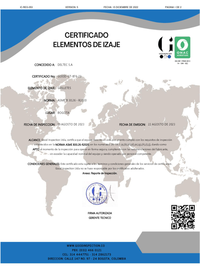 Ic-Reg-053 Certificado Elementos de Izaje V5 | PDF