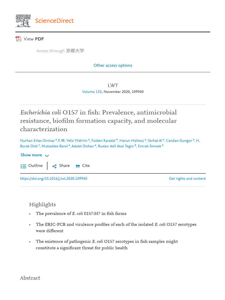 Escherichia Coli O157 in Fish - Prevalence, Antimicrobial Resistance, Biofilm Formation Capacity ...