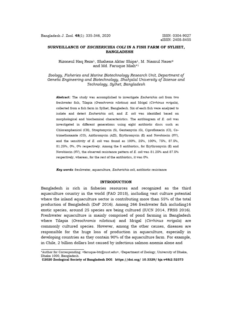 Surveillance of Escherichia Coli in A Fish Farm of Sylhet, Bangladesh ...