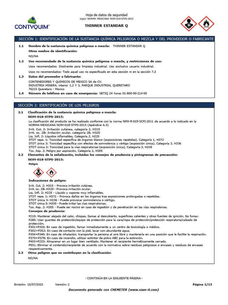 Ficha tecnica thinner estandar. | PDF | Toxicología | Química