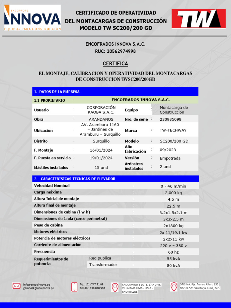 Certificado de Operatividad Elevador TW Sc200 Arandanos | PDF | Bienes manufacturados | Vehículos