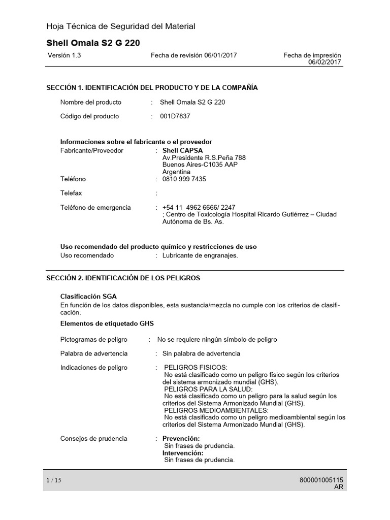 Hoja de Seguridad Shell Omala S2 G 220 | PDF | Residuos | Toxicidad