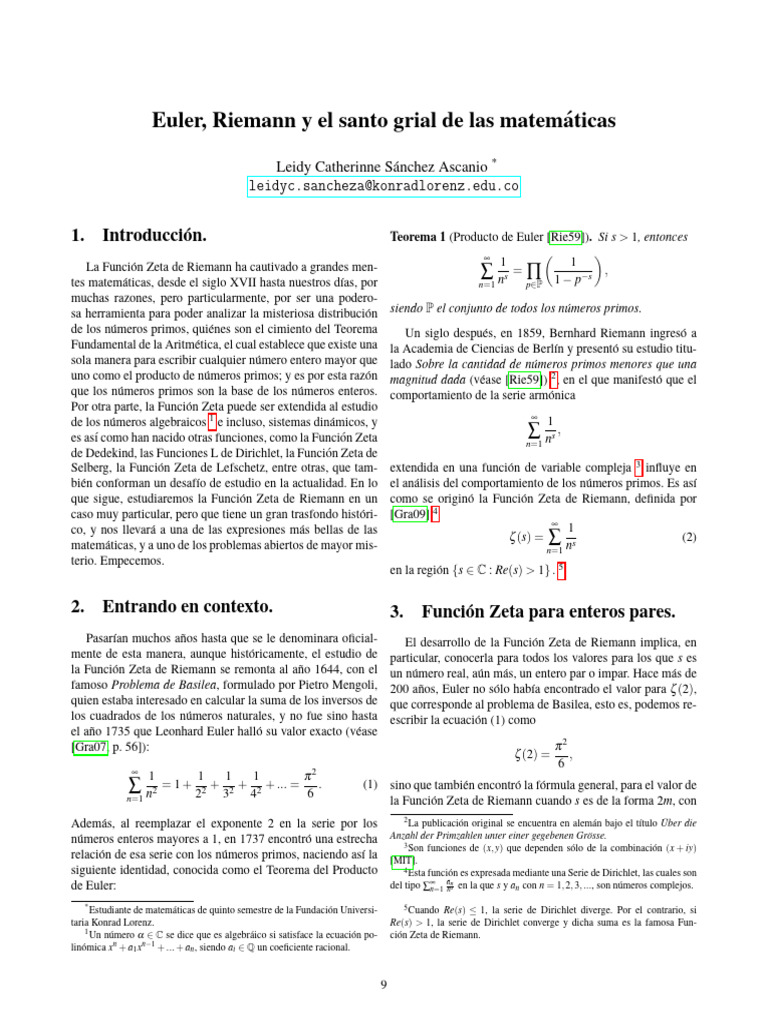 Euler, Riemann y El Santo Grial de Las Matem Aticas: 1. Introducci On ...