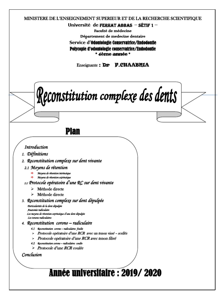 Reconstitutions Complexes Des Dents | PDF | Dent | Racine