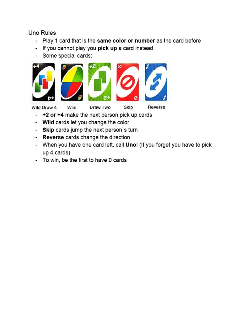 Uno and Cheat Rules (Easy English Description For ESL) | PDF