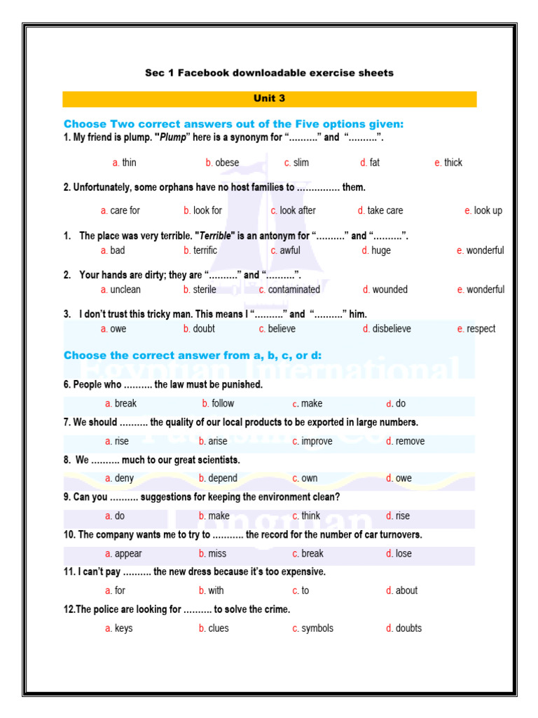 Sec 1 Facebook Downloadable Exercise Sheets - Unit 3 | PDF