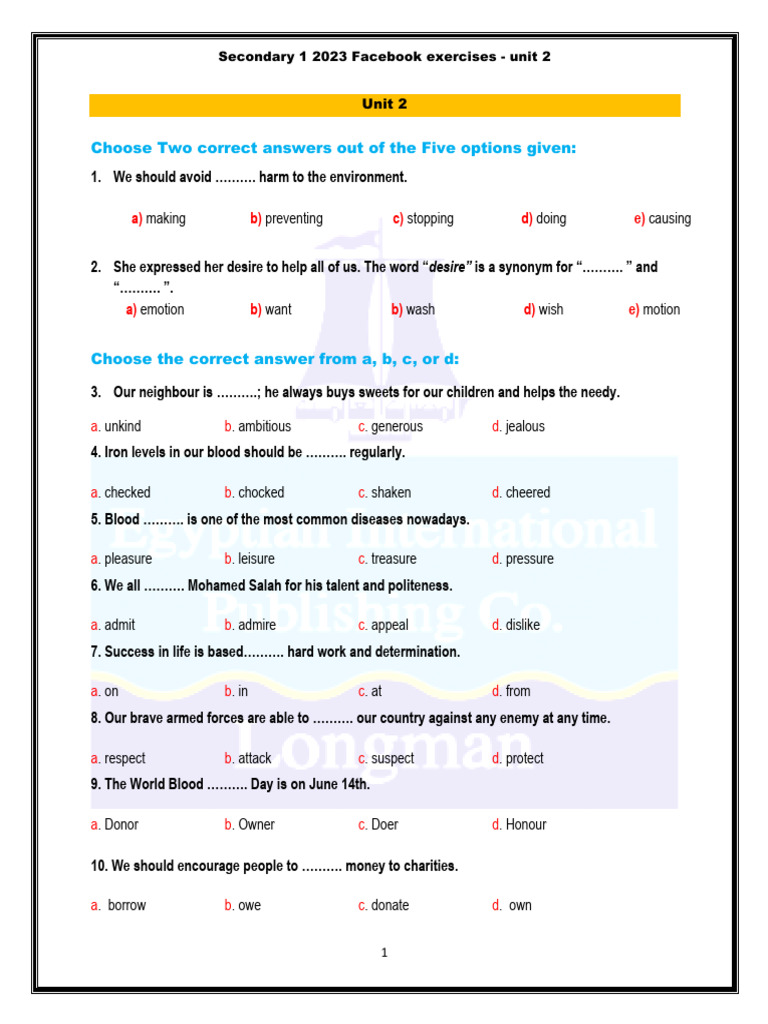 Secondary 1 English Unit 2 Exercises | PDF