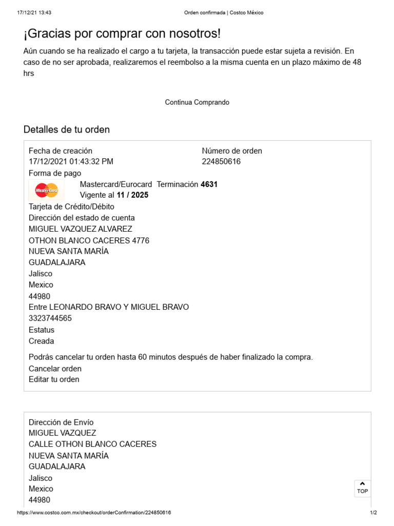 Orden Confirmada - Costco México | PDF | Servicios (economía) | Business