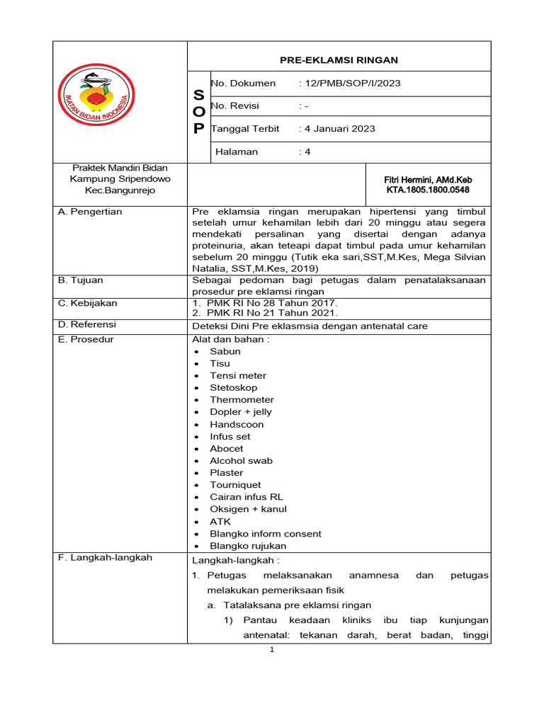 12.SOP PENANGANAN Pre Eklamsi Ringan, Sugi | PDF