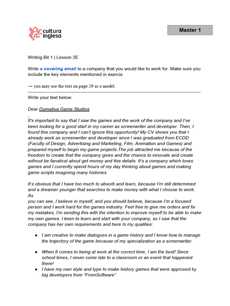 Cover Letter for Game Studio Position | PDF | Human Communication