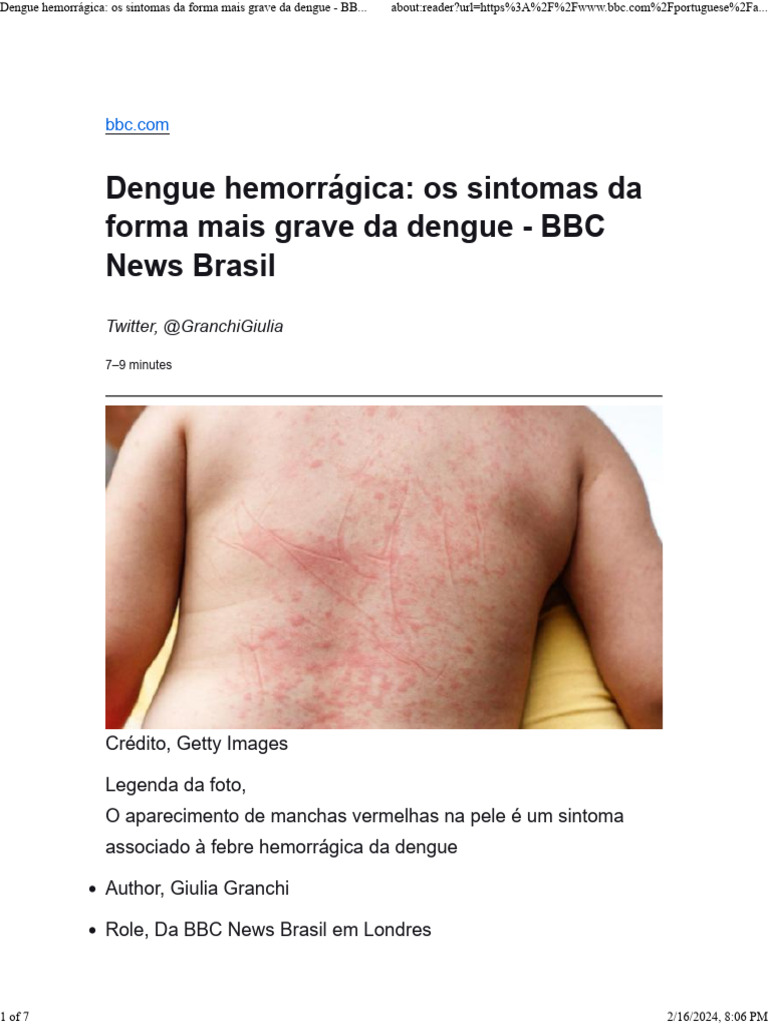 Dengue Hemorrágica Os Sintomas Da Forma Mais Grave Da Dengue - BBC News Brasil | PDF | Ciências ...