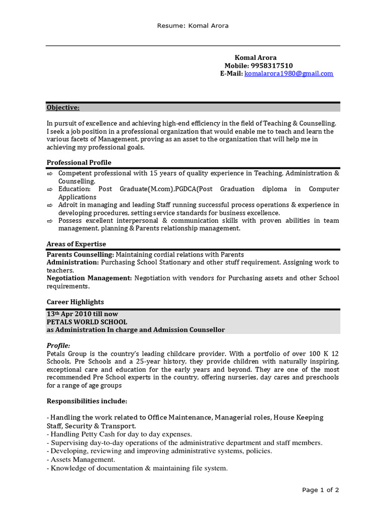 Komal Arora Resume | PDF | Preschool | Child Care