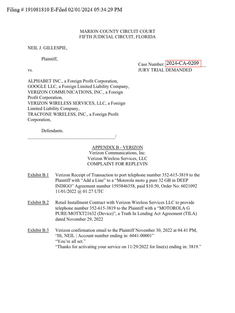 Appendix B Google Complaint For Replevin (Verizon) | Download Free PDF | Verizon Communications ...