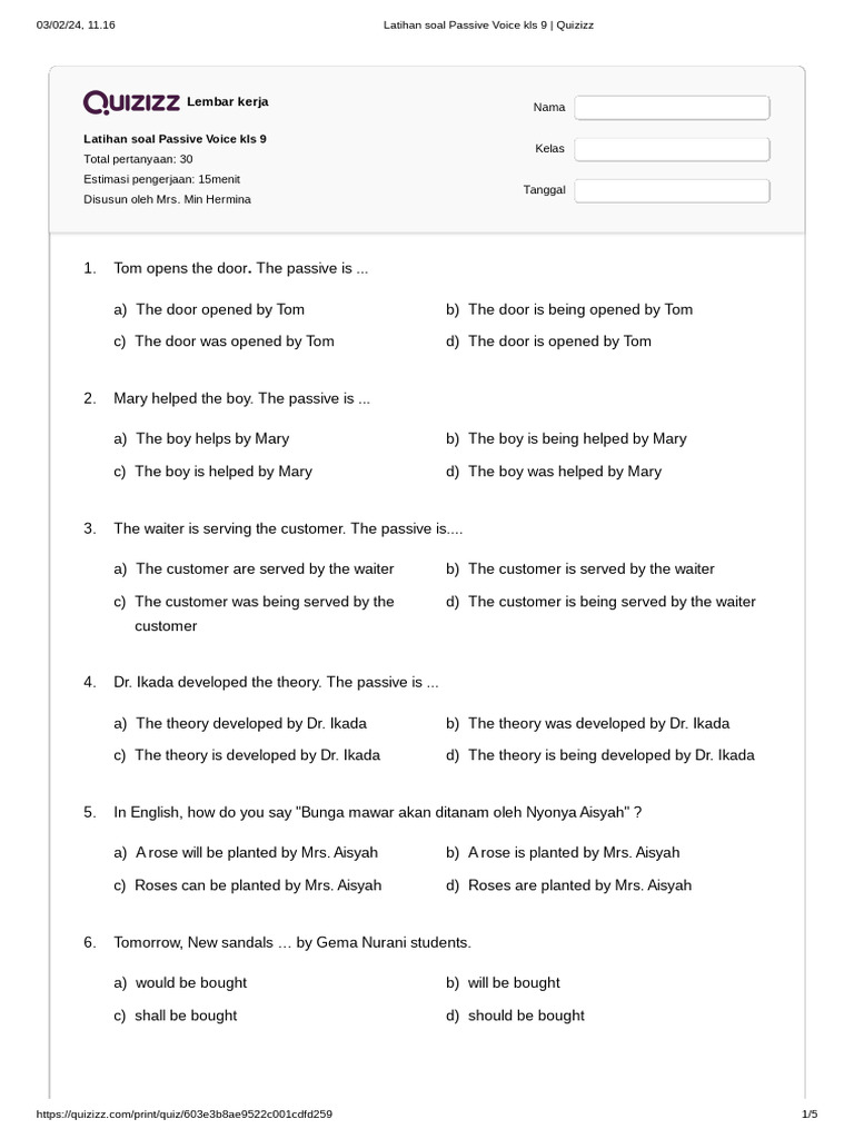 Latihan Soal Passive Voice Kls 9 - Quizizz | PDF | Syntax | Syntactic ...