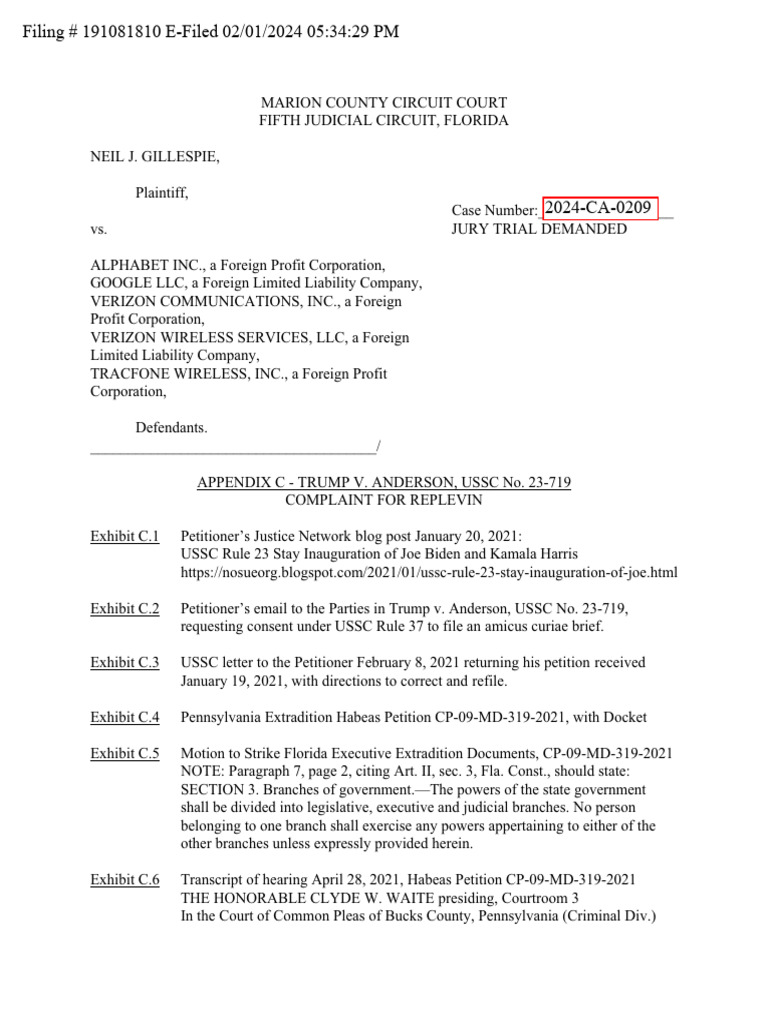 Appendix C, Google Complaint For Replevin (Trump V Anderson, No. 23-719 ...