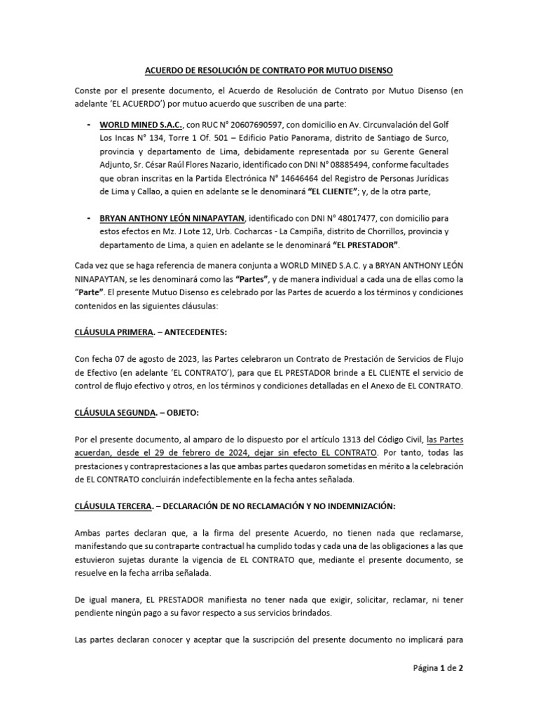 Resolución de Contrato por Mutuo Acuerdo | PDF | Justicia | Crimen y ...