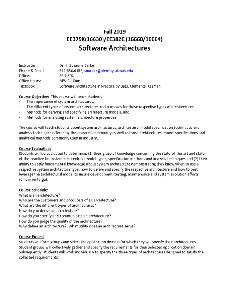 EE379K EE382C SWArch Syllabus | PDF | System | Software Architecture