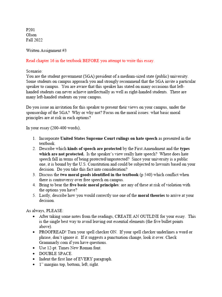 P201 Written Assignment #3 | PDF | Paragraph | First Amendment To The ...