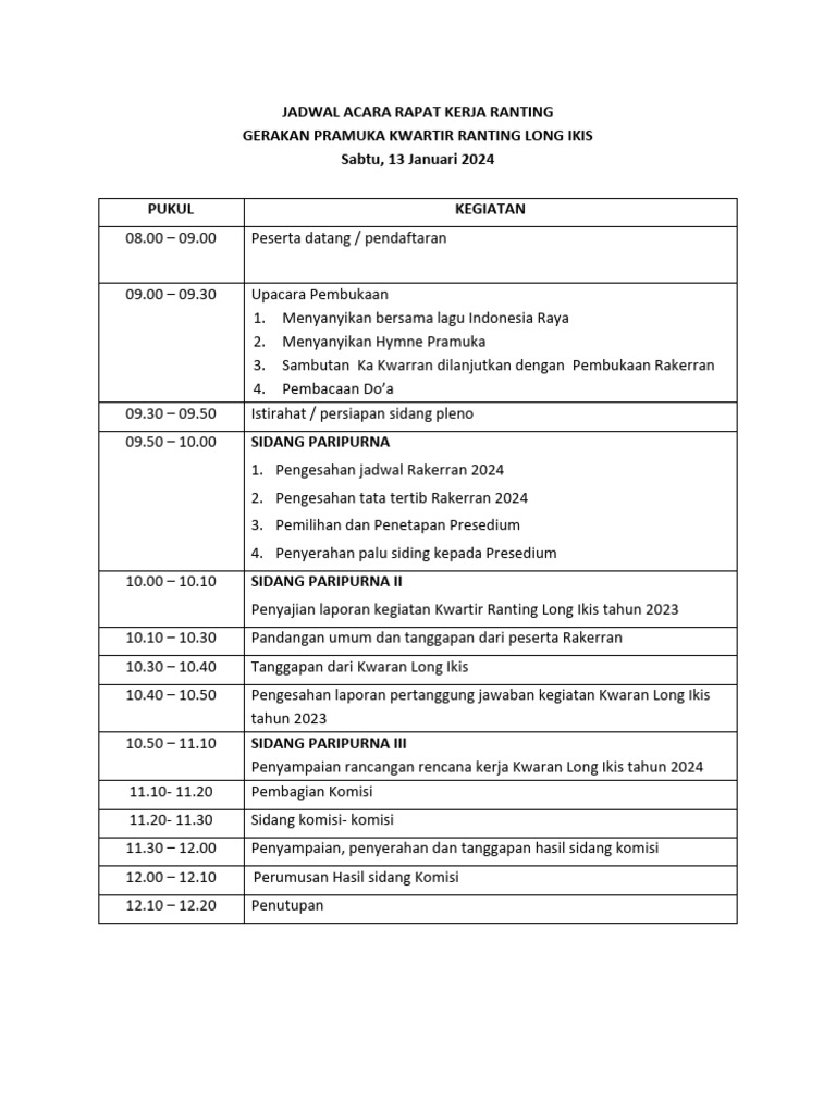 Jadwal Acara Rapat Kerja Ranting | PDF