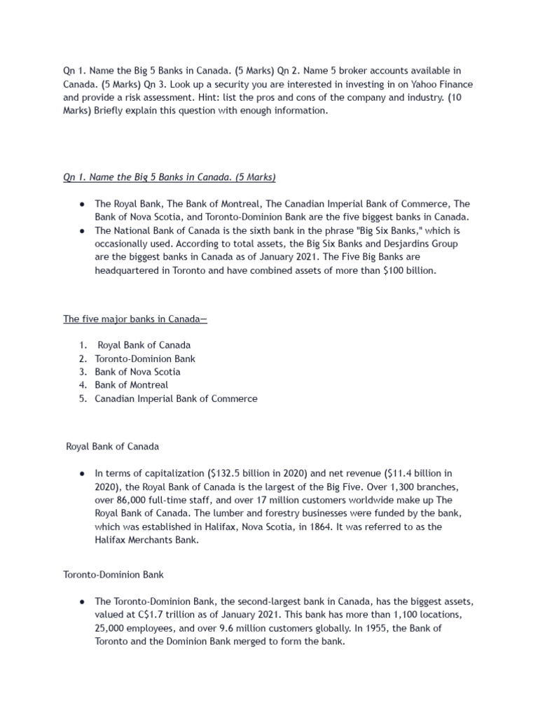 Big 5 Banks in Canada and The Brokers | PDF | Bonds (Finance) | Stocks
