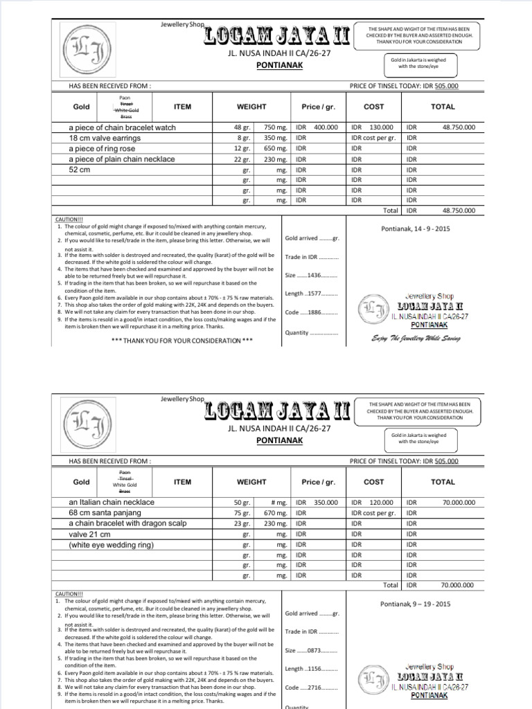 Kwitansi Toko Emas | Download Free PDF | Gold | Jewellery