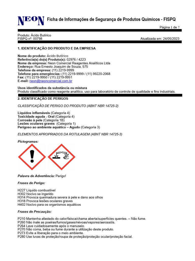 FISPQ ÁCIDO BUTÍRICO. Neon | Download grátis PDF | Química | Vapor