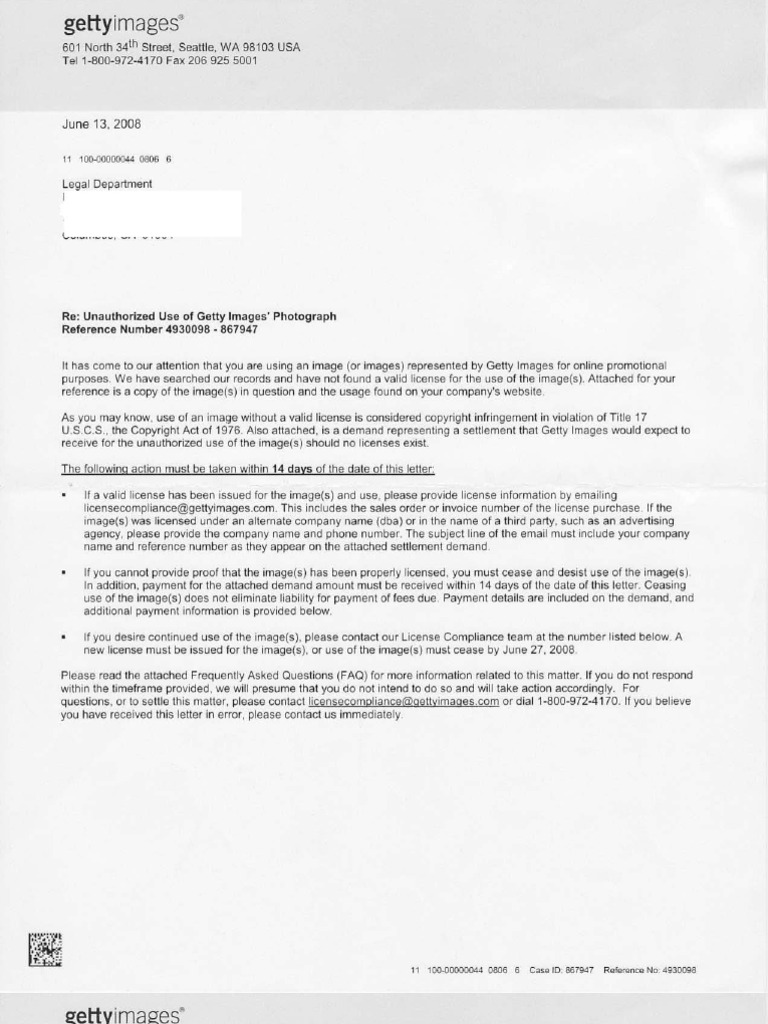 Getty Images Settlement Demand Letter Sample | PDF