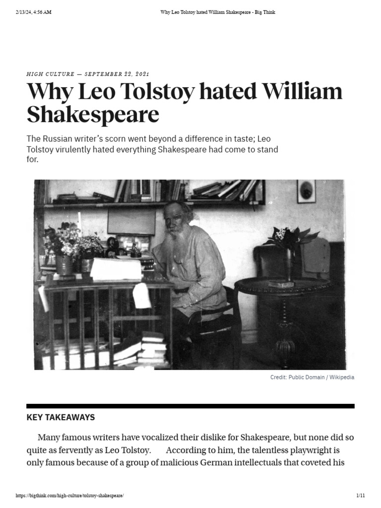 Tolstoy's Critique of Shakespeare | PDF | William Shakespeare | Leo Tolstoy