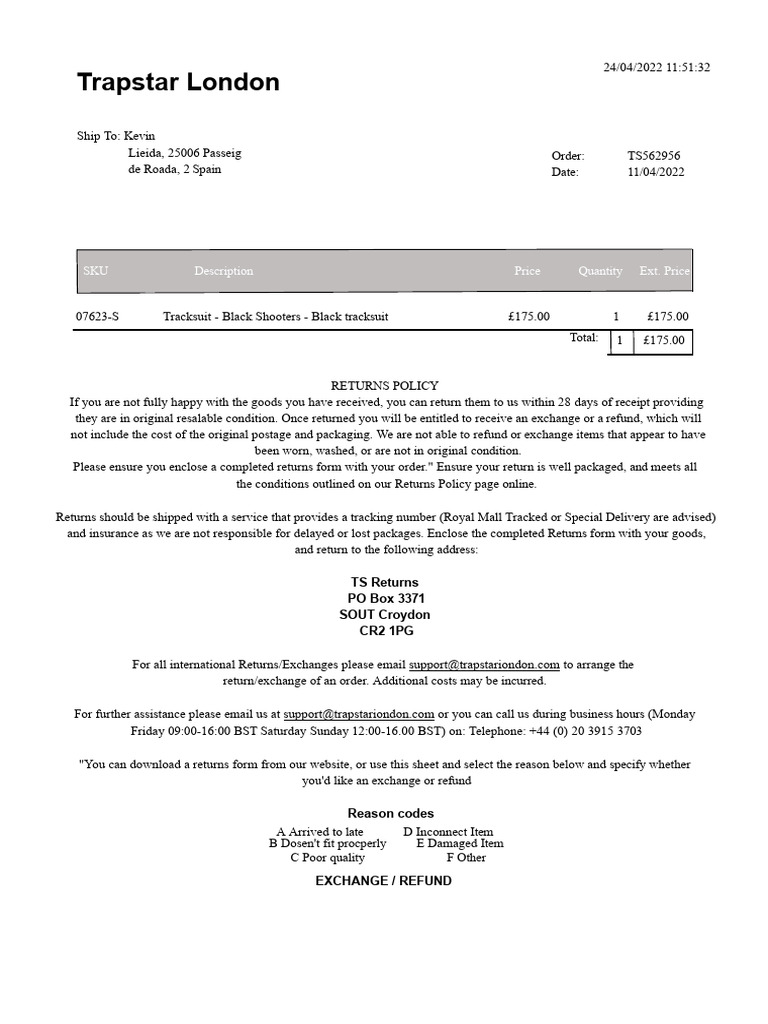 Trapstar Returns and Refund Policy | PDF | Freight Transport | Business