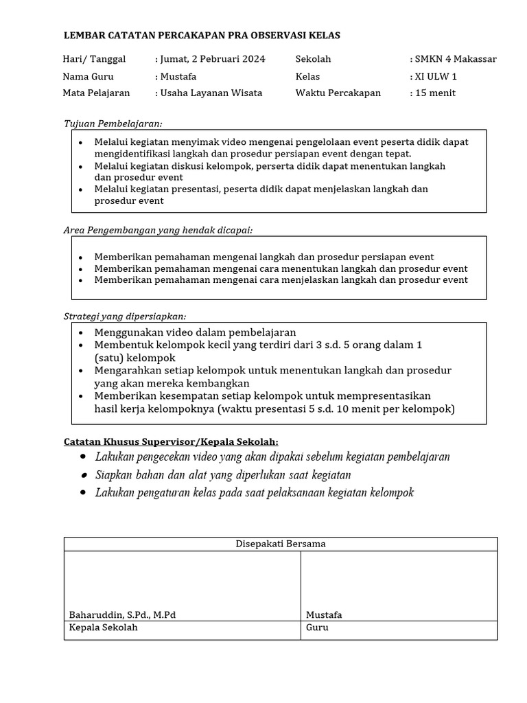 MUSTAFA - 1 - Lembar Catatan Percakapan Pra-Observasi Kelas | PDF