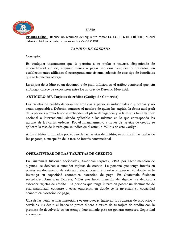 Tarea de Tarjeta de Credito | PDF | Tarjeta de crédito | Economias
